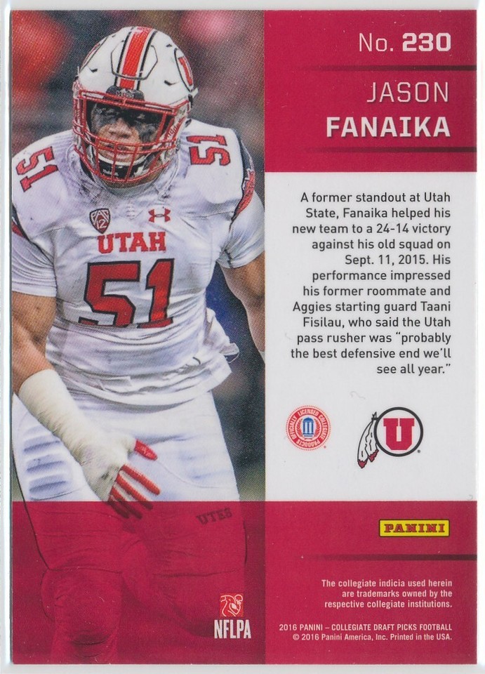 Jason Fanaika - Utah Utes - 2016 Prizm Draft Picks Football - RC - #230 ...
