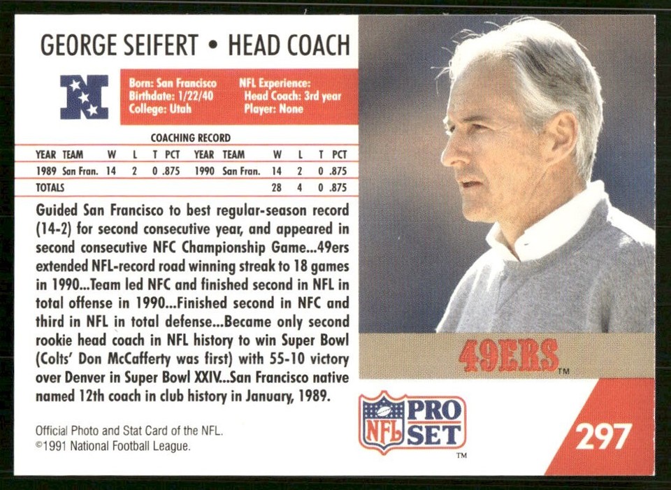 1991 Pro Set #297 George Seifert CO | eBay