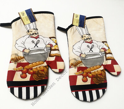 SET 2 Fabric Printed Kitchen Oven Mitts Mittens Italian Chef Cooking ...