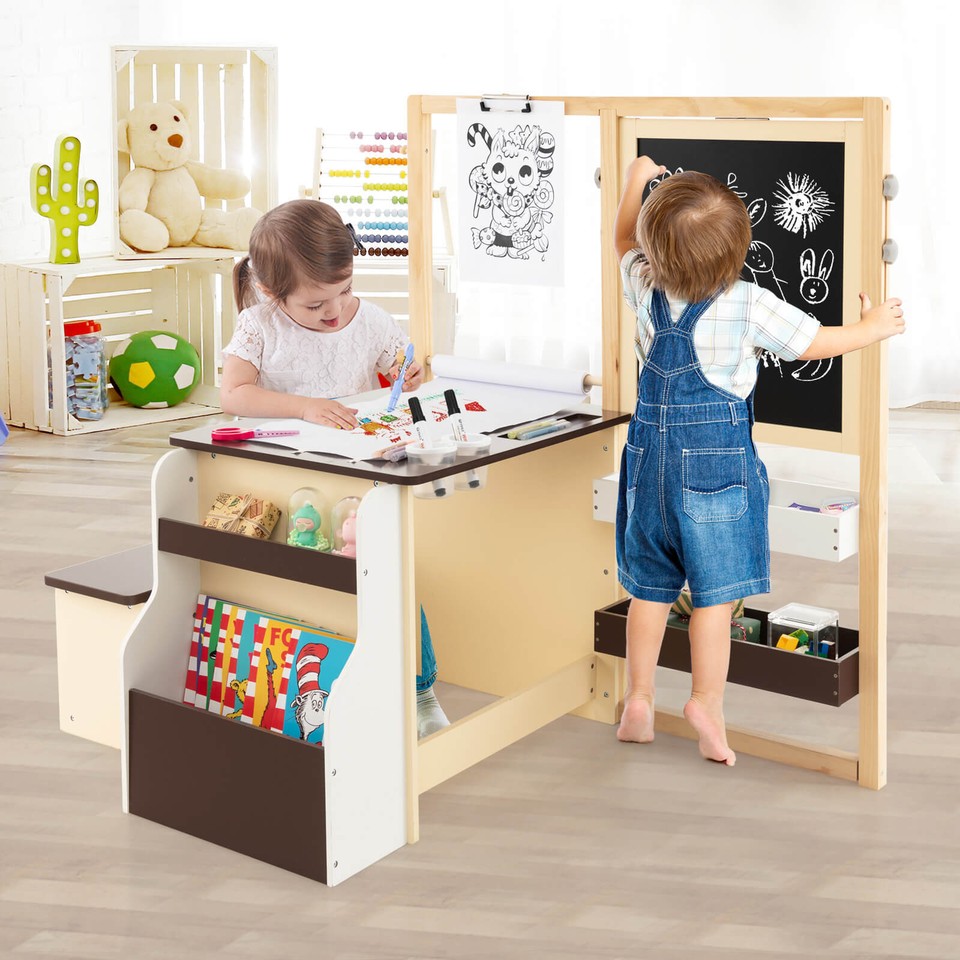 Kids Art Desk Easel & Bench Set w/ Storage Adjustable Double-Sided ...