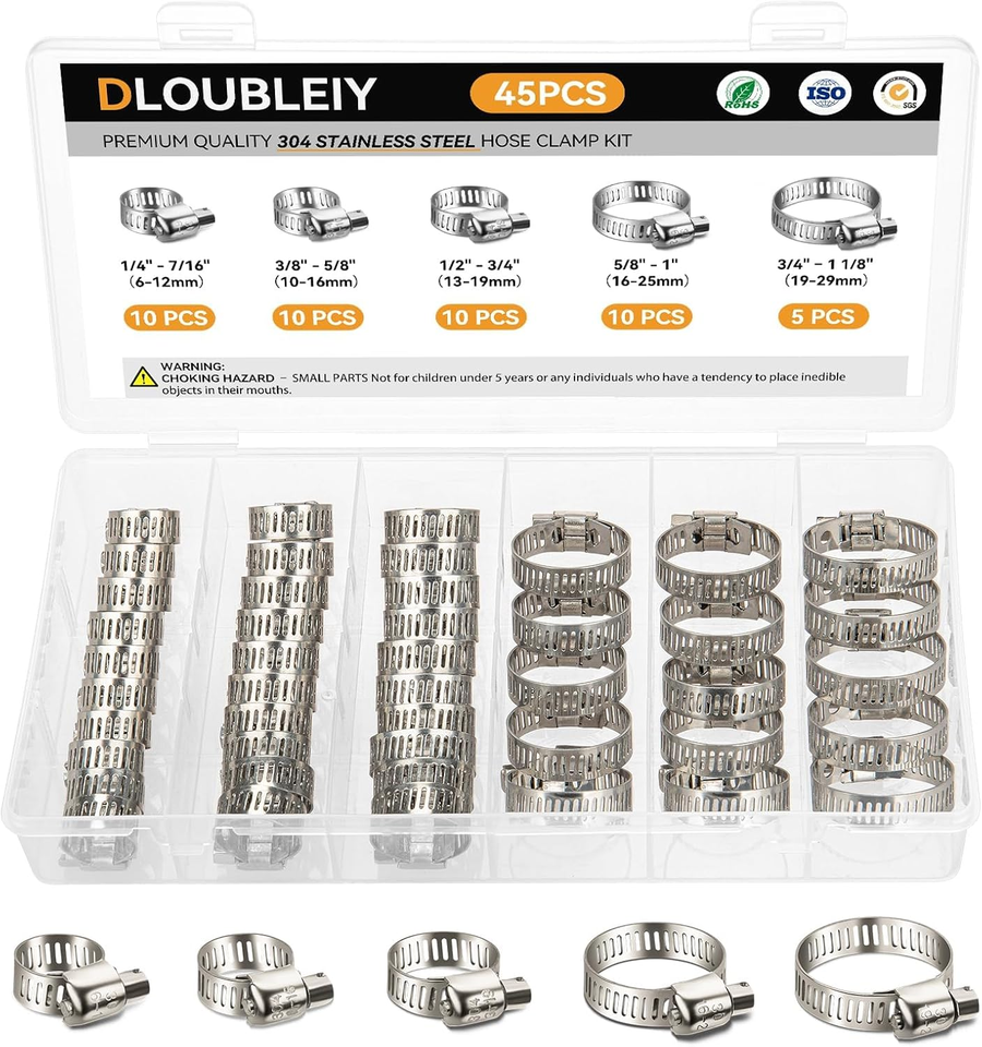 45pcs Hose Clamps 1/4'' to 1-1/8'' Adjustable Steel Band Worm Clip ...