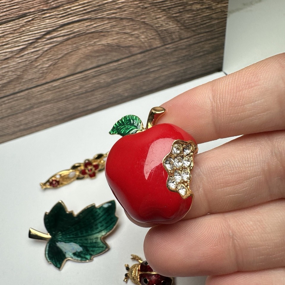 Green Leaf, Red Apple, Ladybug Bug, Flower Bar Enamel Brooch Pin Lot Of ...