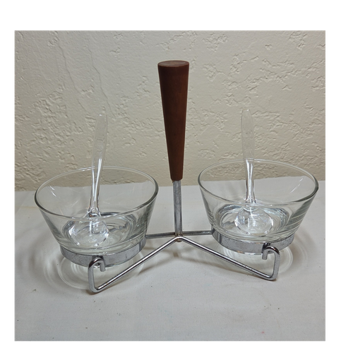 Glass Serveware Set with Metal & Wood Caddy, Two Bowls, Spoons | eBay