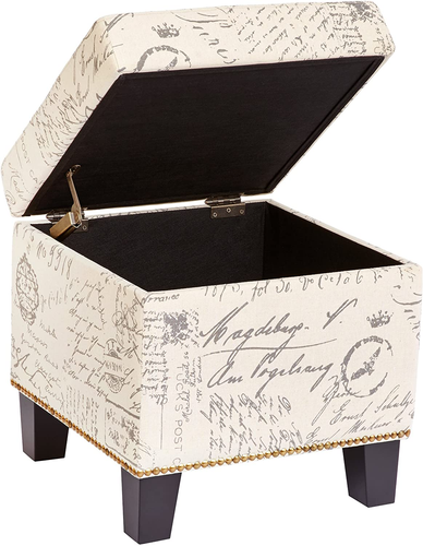 Square Storage Ottoman | Fabric Footstool Beige Script Pattern ...