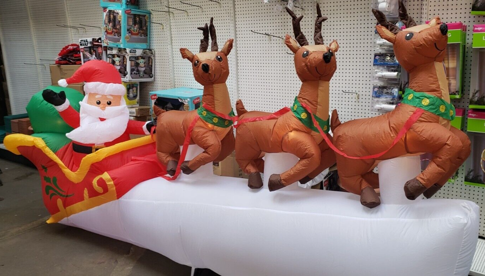 Gemmy 11ft Long Santa's Flying Sleigh w/ 3 Reindeer Christmas ...