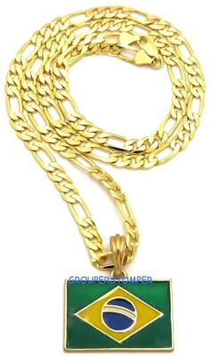 Brazil Flag Small Pendant Necklace With 24 Inch Long Figaro Chain ...