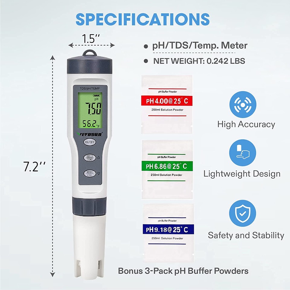 VIVOSUN 3-in-1 Digital PH/TDS/TEMP Meter w/ ATC ±0.1 PH Water Quality ...