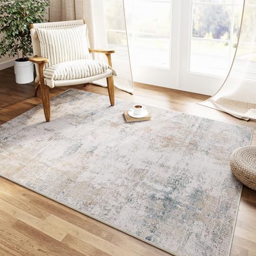 4x6 Washable Area Rug Beige Blue Neutral 4' x 6' (Rectangular) Beige ...