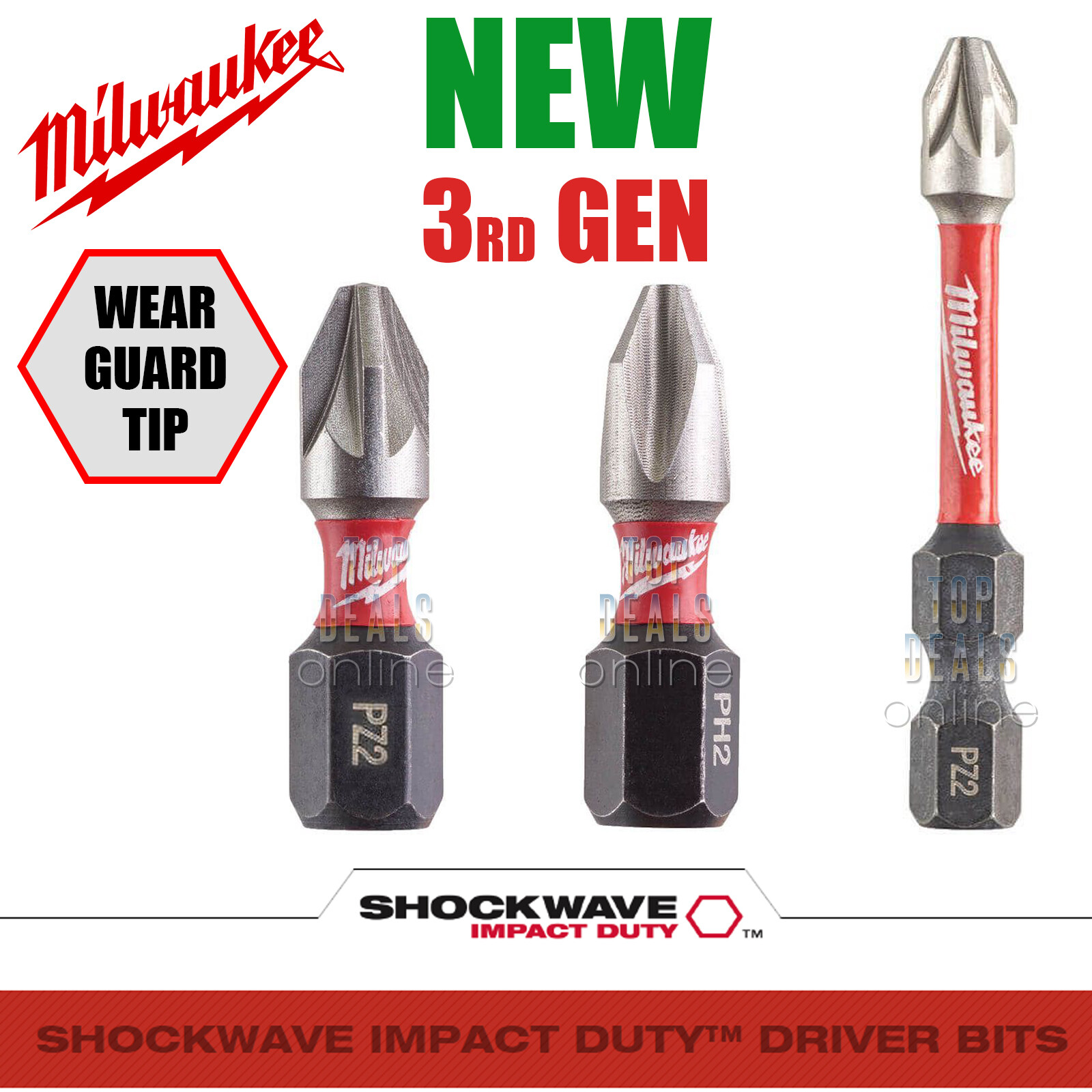 Milwaukee PZ2 PH2 50mm or 25mm option Shockwave Impact Screwdriver Bits ...