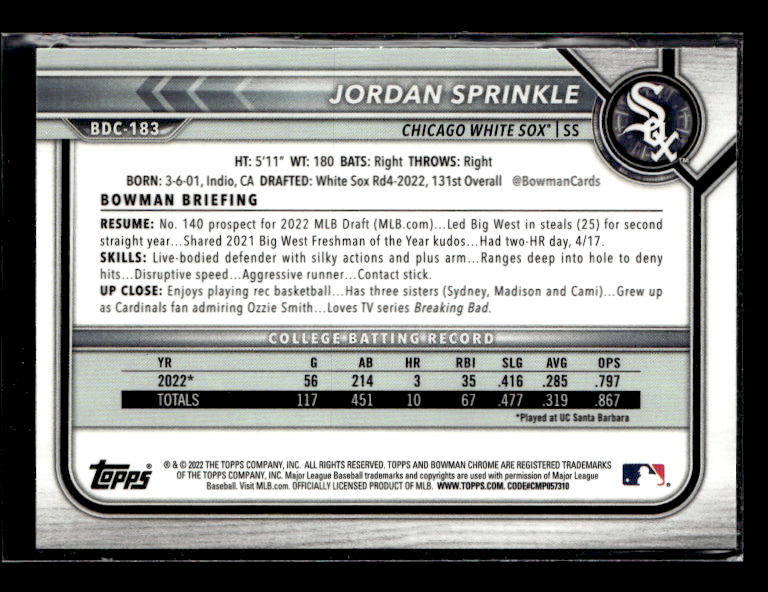 2022 Bowman Draft #BDC-183 Jordan Sprinkle Chrome | eBay
