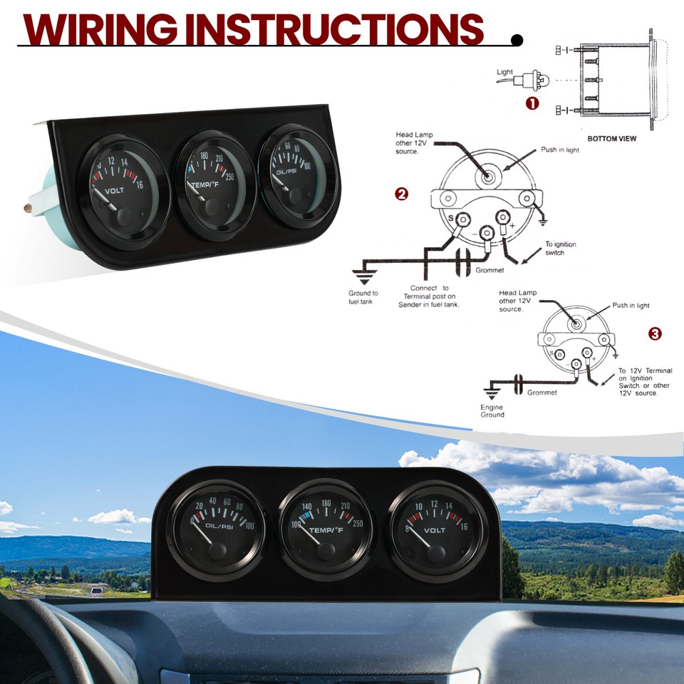 Car Triple Gauges Water Temp Oil Pressure Voltmeter Gauge 52mm/2" Set ...