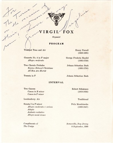 VIRGIL FOX Organist Autographed Rare Private Concert Program, 1968 ...