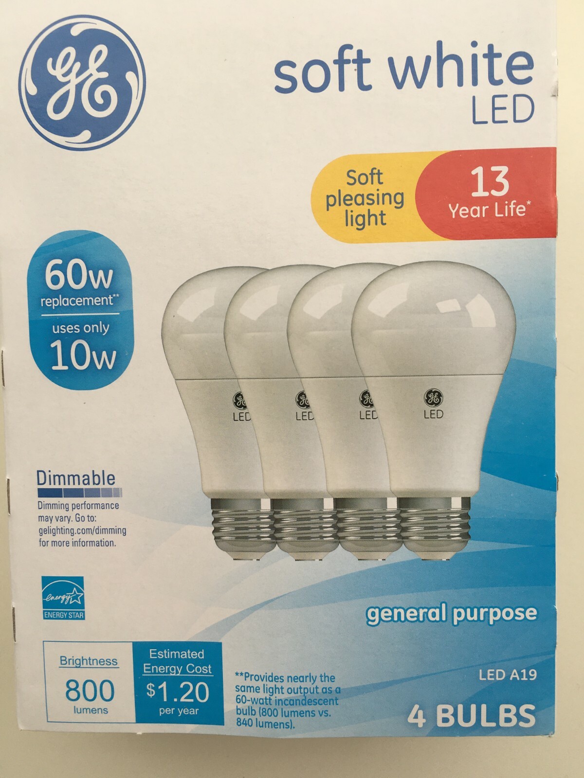 LED A19 4pk GE 69117 LED10DA19/WT4 10W Dimmable Soft White Light Bulb ...