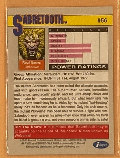 1991 MARVEL Series 2 Trading Cards. SABRETOOTH #56. Impel. Near Mint ...