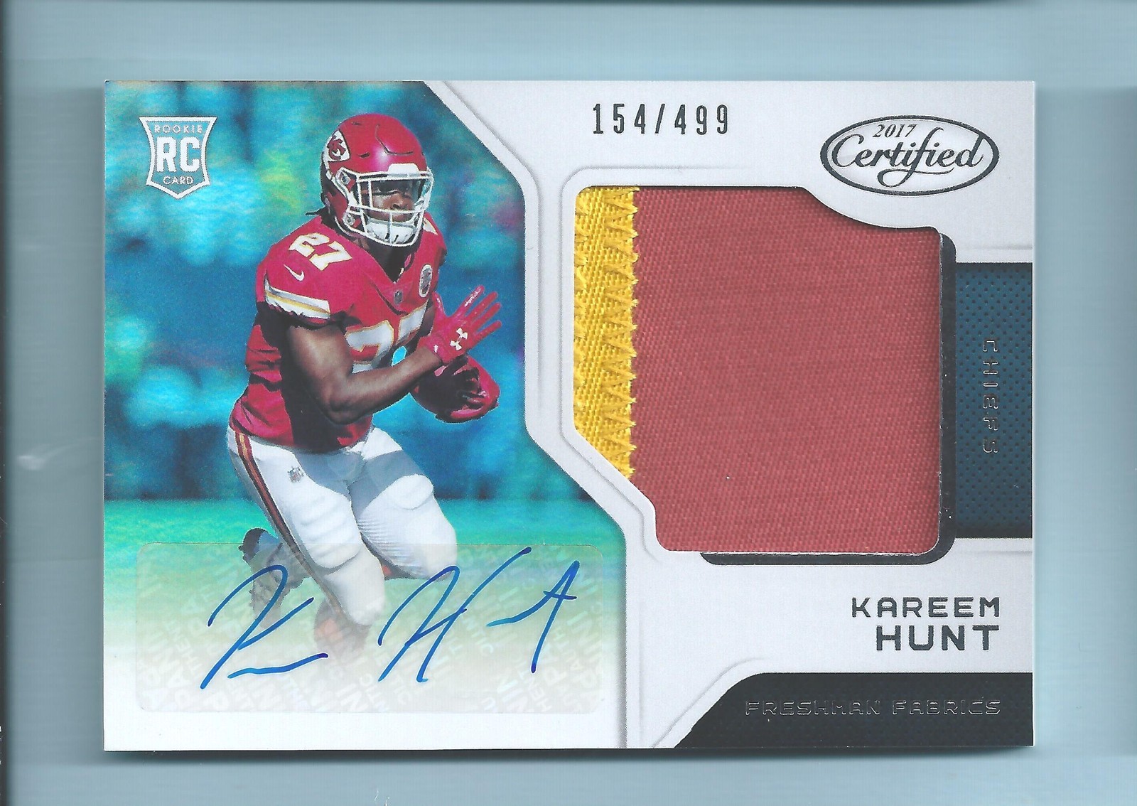 KAREEM HUNT 2017 CERTIFIED RC 2 COLOR PATCH SIGNATURES AUTOGRAPH AUTO ...