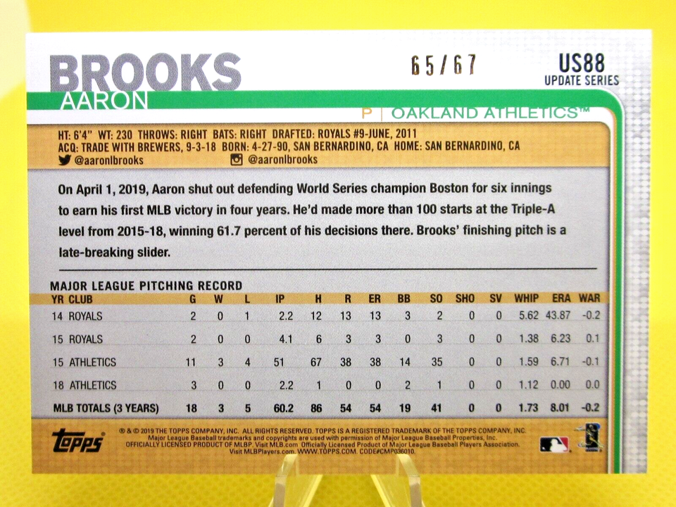 2019 TOPPS UPDATE #US88 AARON BROOKS BLACK PARALLEL OAKLAND ATHLETICS ...