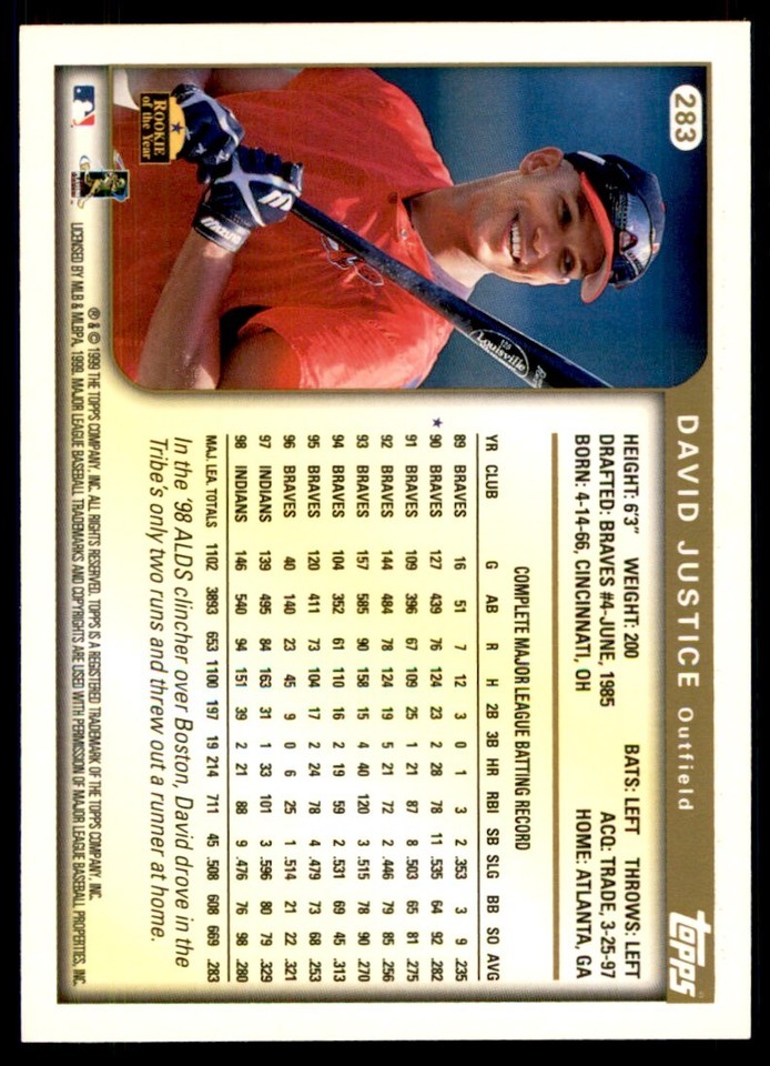 1999 Topps Baseball Card David Justice H Cleveland Indians #283 | eBay