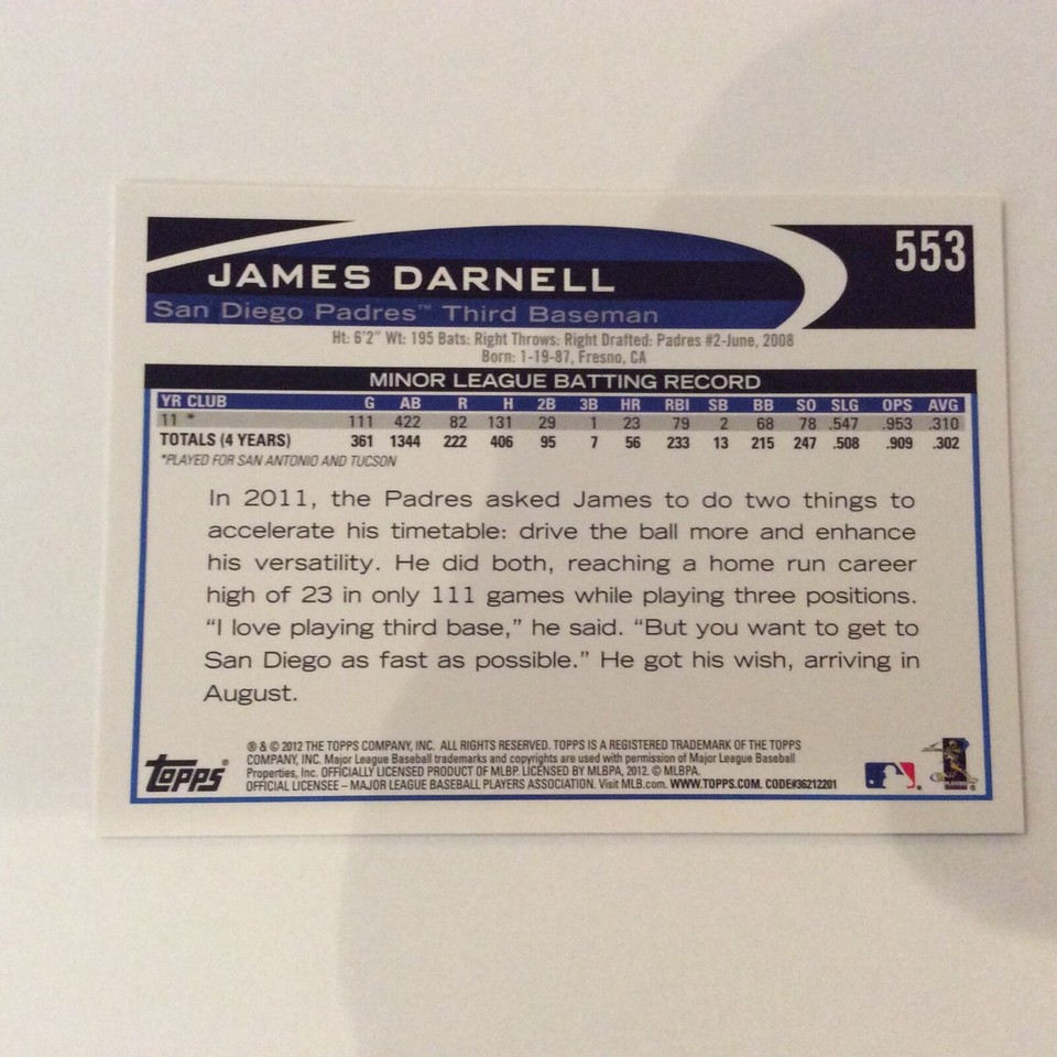 2012 Topps #553 James Darnell RC San Diego Padres | eBay