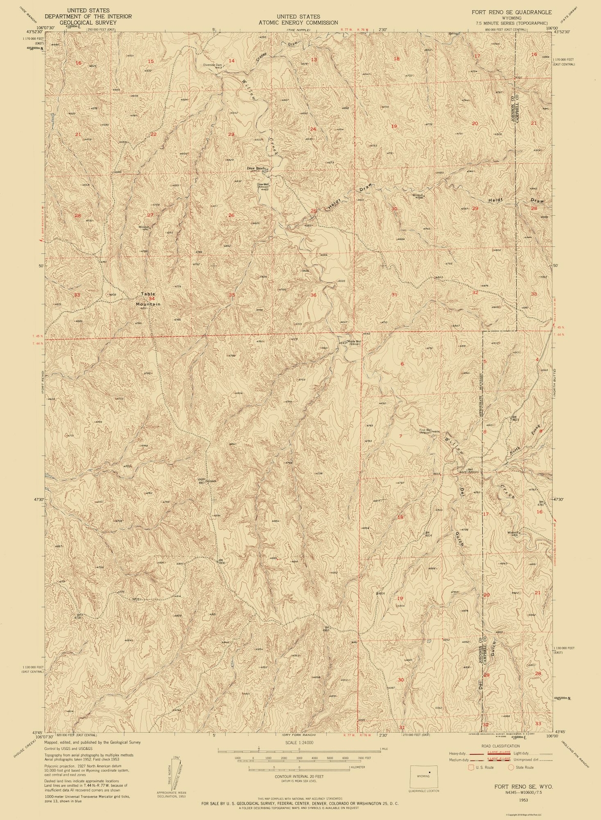 Topographical Map - Fort Reno Wyoming Quad - USGS 1953 - 23 x 31.33 | eBay