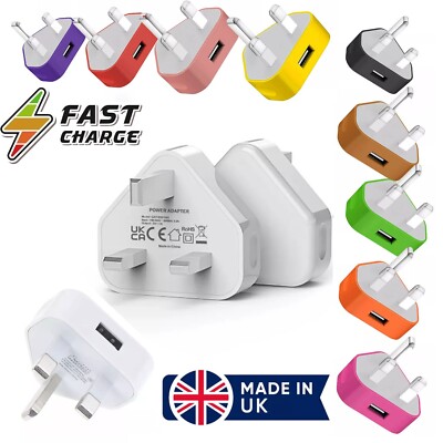 UK 3-Pin Mains Wall Plug 1.0A Fast Charging Single USB Port Triangle ...