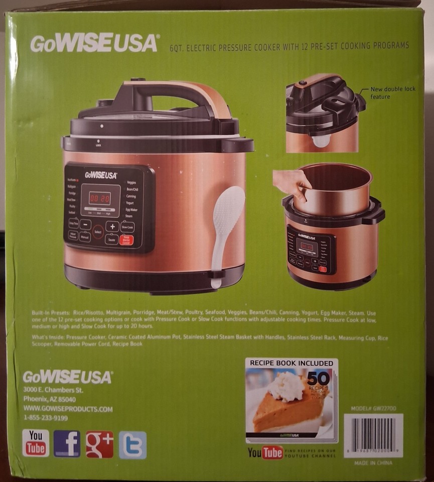 GoWise USA 6 Qt Electric Pressure Cooker GW2700 W/ 12 Presets 50 Recipe ...