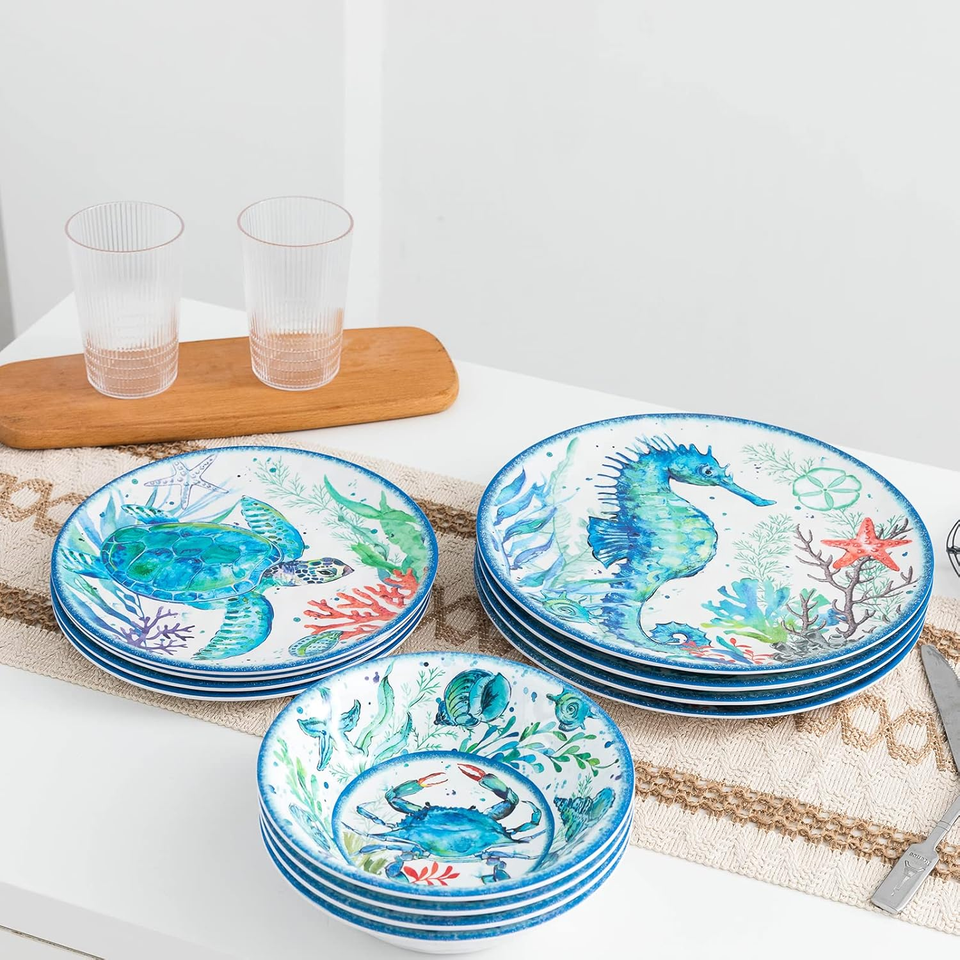 12-Piece Melamine Beach Dinnerware Set, Coastal Plates and Bowls Sets ...