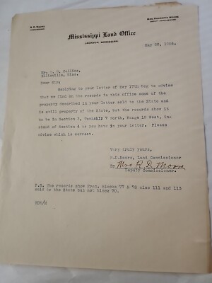 Vintage 1924 Mississippi Land Office Business Letter Jackson ...