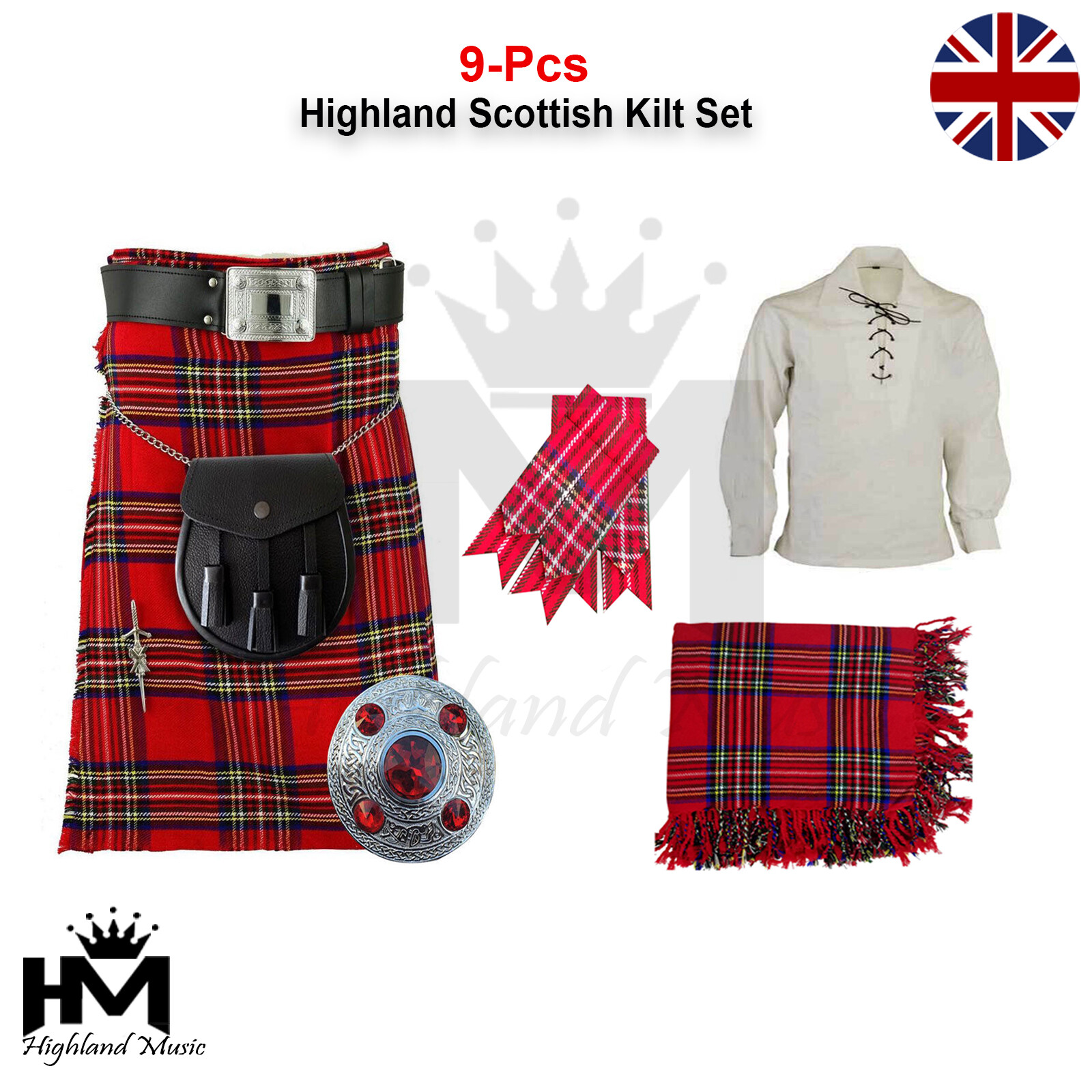 9-Piece Scottish Kilt Outfit–Royal Stewart Tartan Kilt & Jacobite Shirt ...