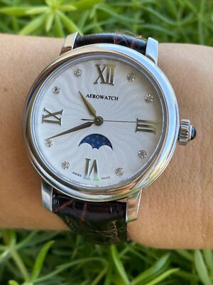 Moonphase Watch Quartz Diamond Dial 36mm Aerowatch Sapphire Glass Swiss ...