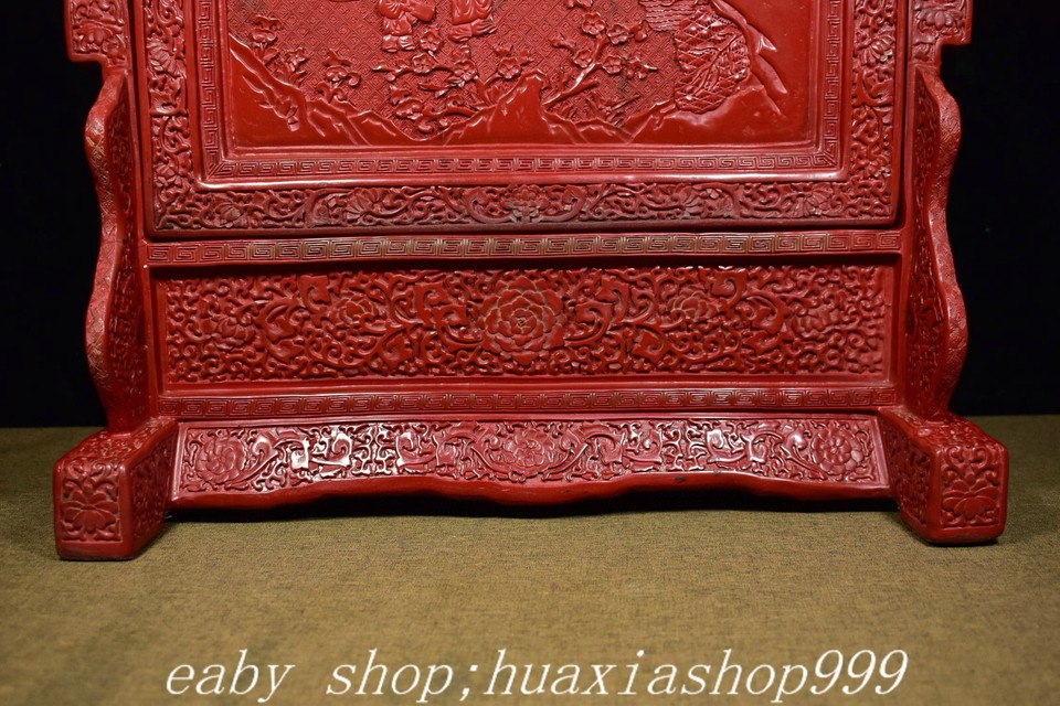 23" Qianlong Marked Red Wood lacquerware Carve Mountain Tree House ...
