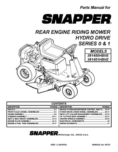 Service Parts Manual Fits Snapper Series 0 & 1 Hydro Drive | eBay
