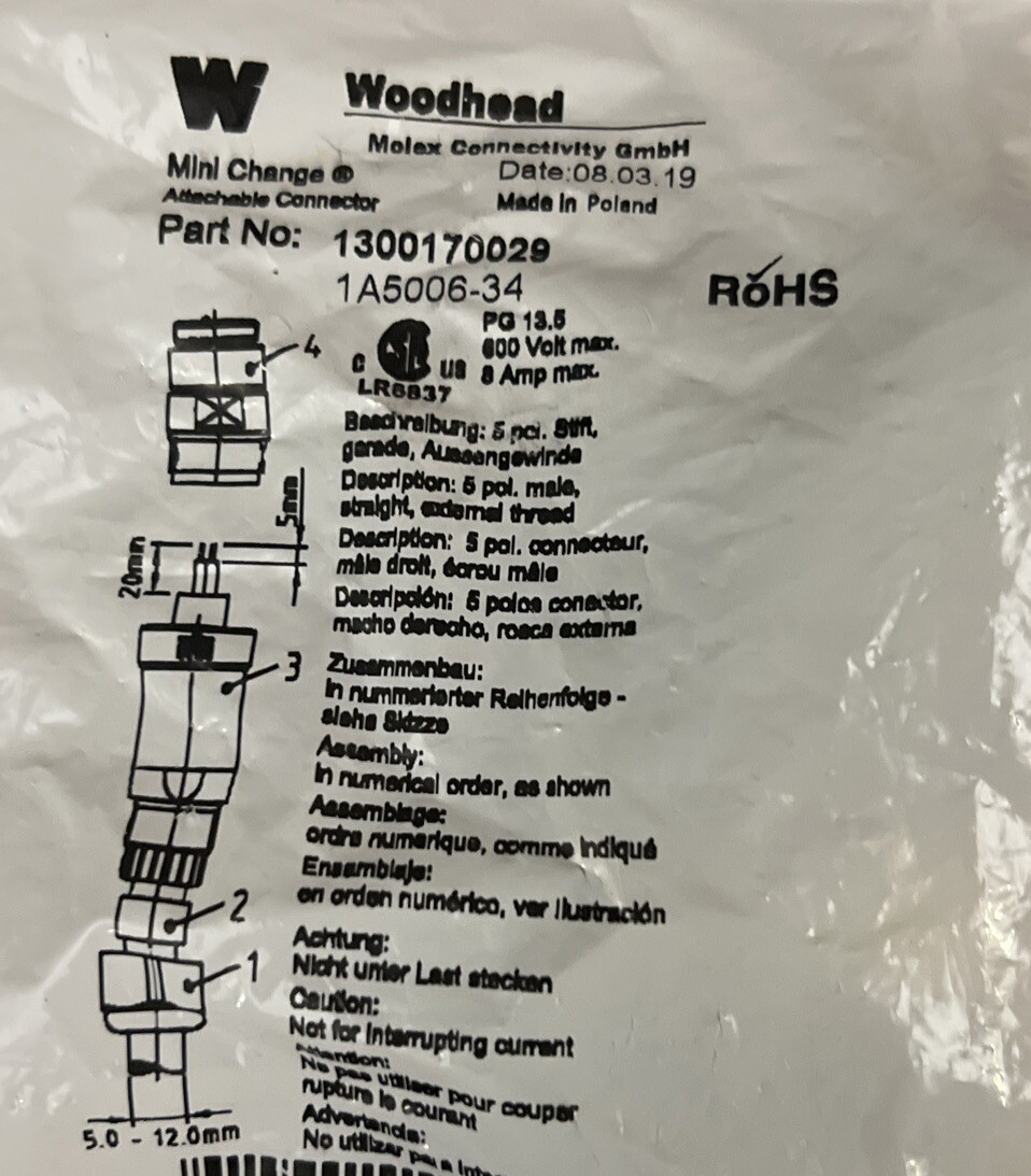 Woodhead 1a5006-34 Mini-change Attachable Connector 5-pin Male for sale ...