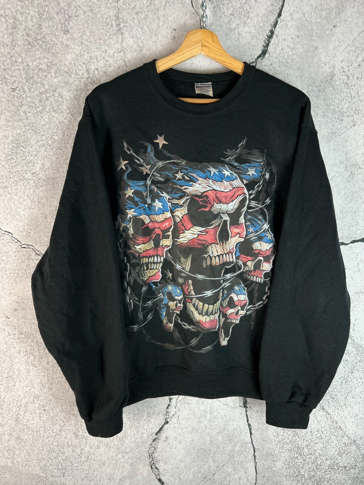 Vintage 2000s Boxy USA flag Skull Skeleton Pattern sw… - Gem