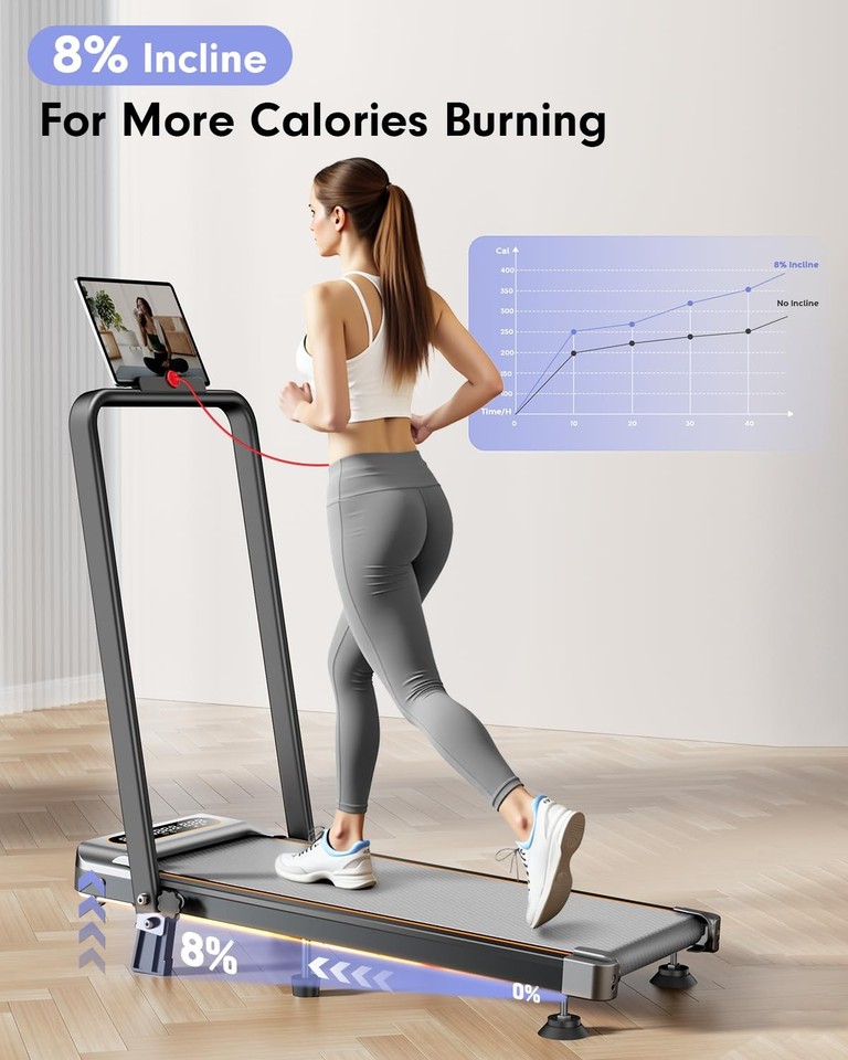 Foldable Treadmill with 8% Incline, Upgrade 3.5HP Low Noise Walking Pad ...