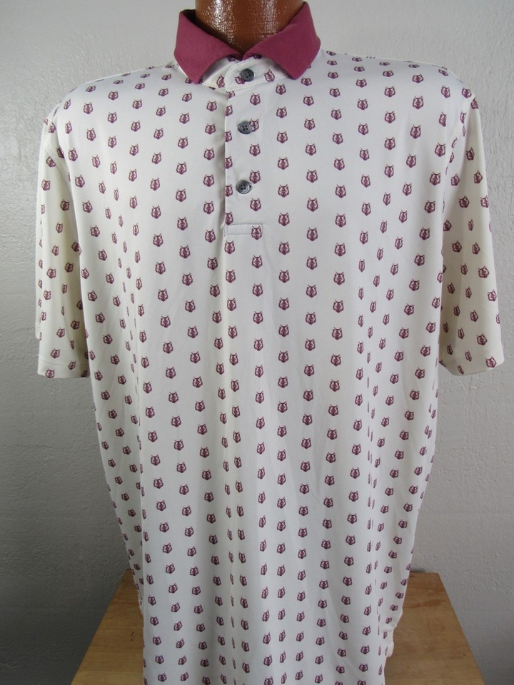 Greyson Men's Large Cream Maroon Trim Wolf Print Golf Polo Prairie ...