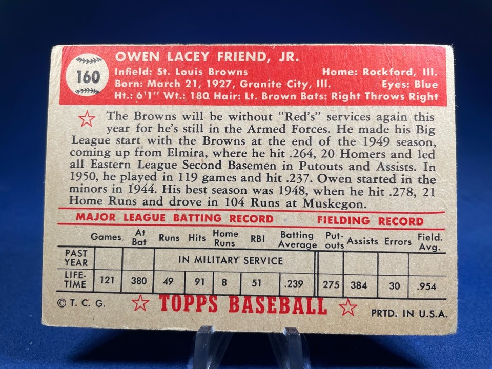 1952 Topps Baseball Card Owen Friend #160 St. Louis Browns | eBay