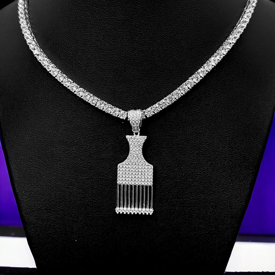 Men's Hip Hop Fancy Afro Pick Comb Clear Cubic Zirconia 925 Real Silver ...