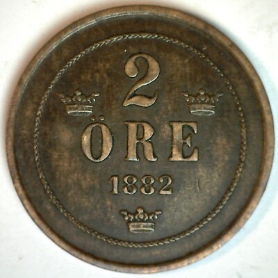 1882 Sweden Bronze 2 Ore Coin Very Fine Circulated Oscar II Ruler ...