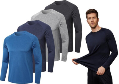 Mens Long Sleeve T-Shirt Cotton/Poly Plain Crew Round Neck Casual Tee ...