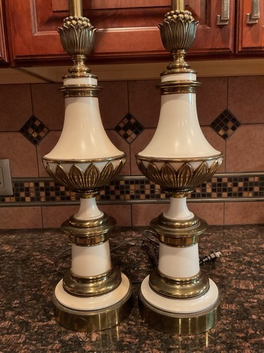 Pair vintage STIFFEL Table Lamps ~ Brass & Ivory ~ 37” Tall ~ 3-way ...