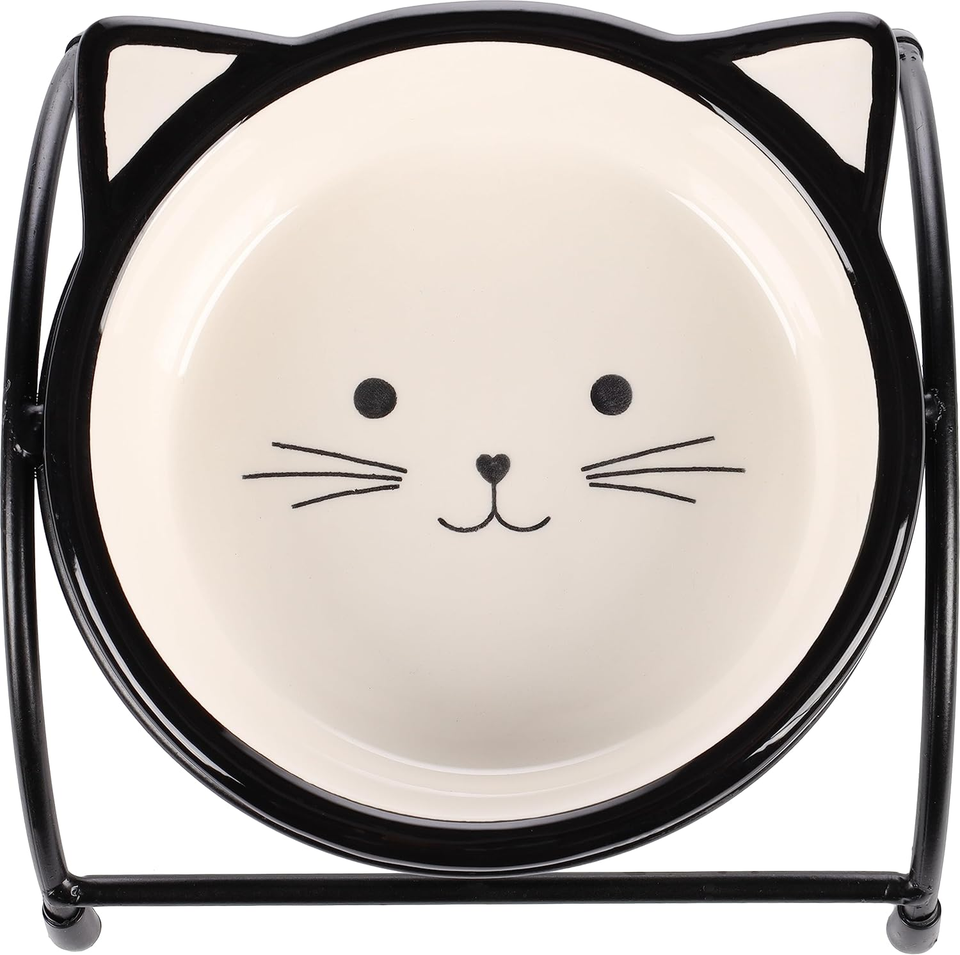 Bowl for Food and Water + Cat Holder Ceramic Handle Black/White round ...
