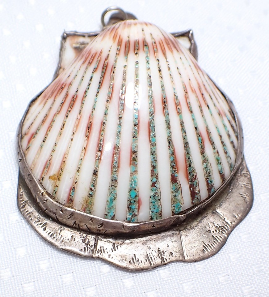 OLD Southwestern Sterling Silver & Shell Pendant INLAID TURQUOISE ...
