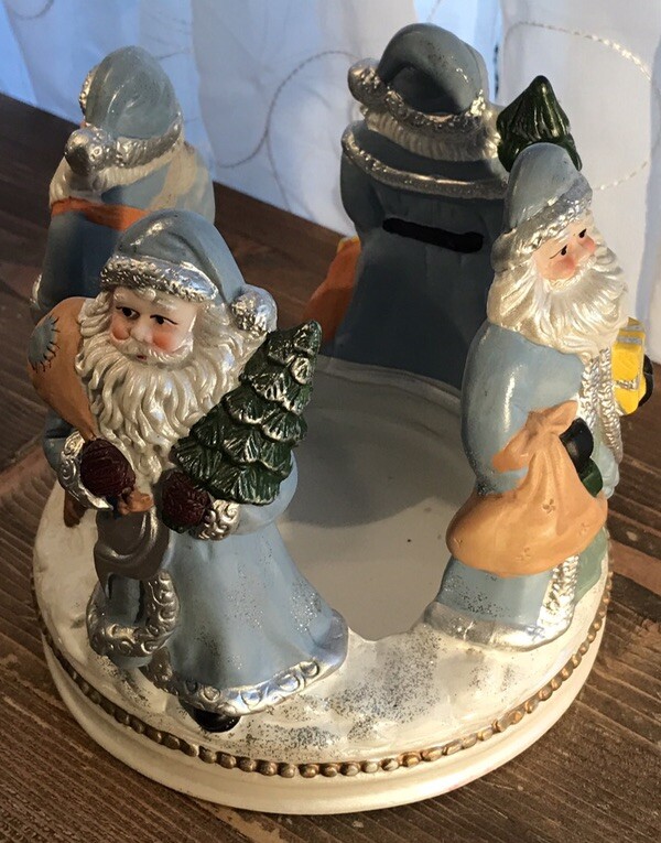 Ceramic Father Christmas Santa Claus Candle Ring Blue White 5-1/2” Tall ...