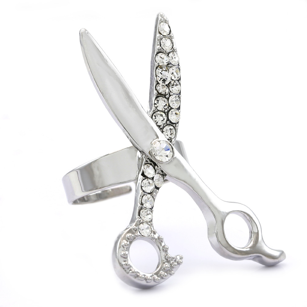 Scissors Ring High Polish Silver Tone Clear Stone Crystals Rhinestone ...