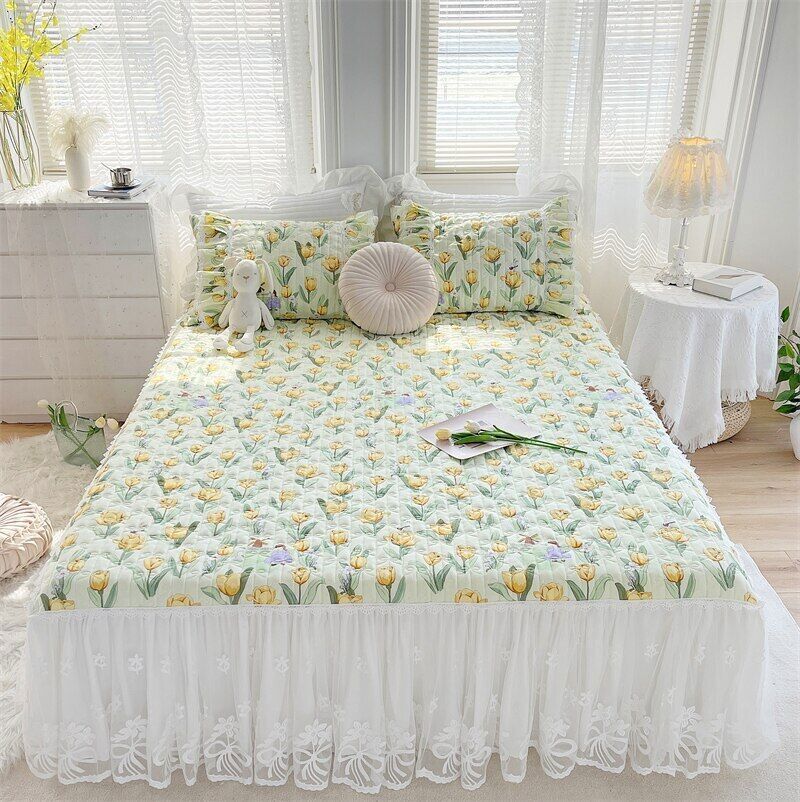 Lace Ruffle Quilted Floral Pattern Bed Skirt Mattress Cover Bedspread ...