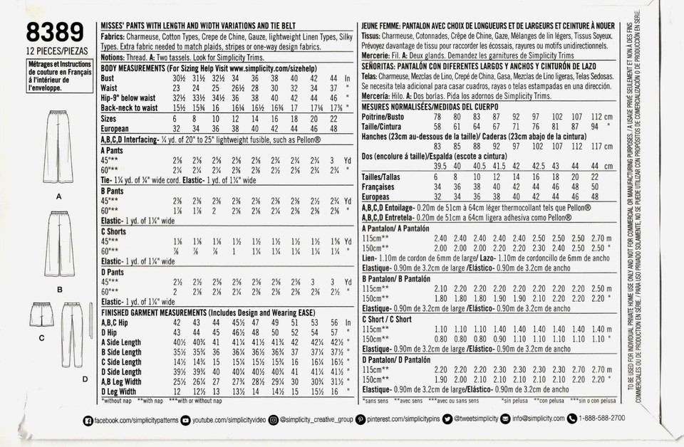 Simplicity 8389 Pants Shorts Misses Sewing Pattern Uncut Size 14-22 | eBay