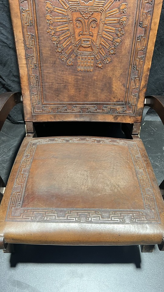 Vintage Rocking chair Peru Aztec Motif Embossed Leather & Wood | eBay