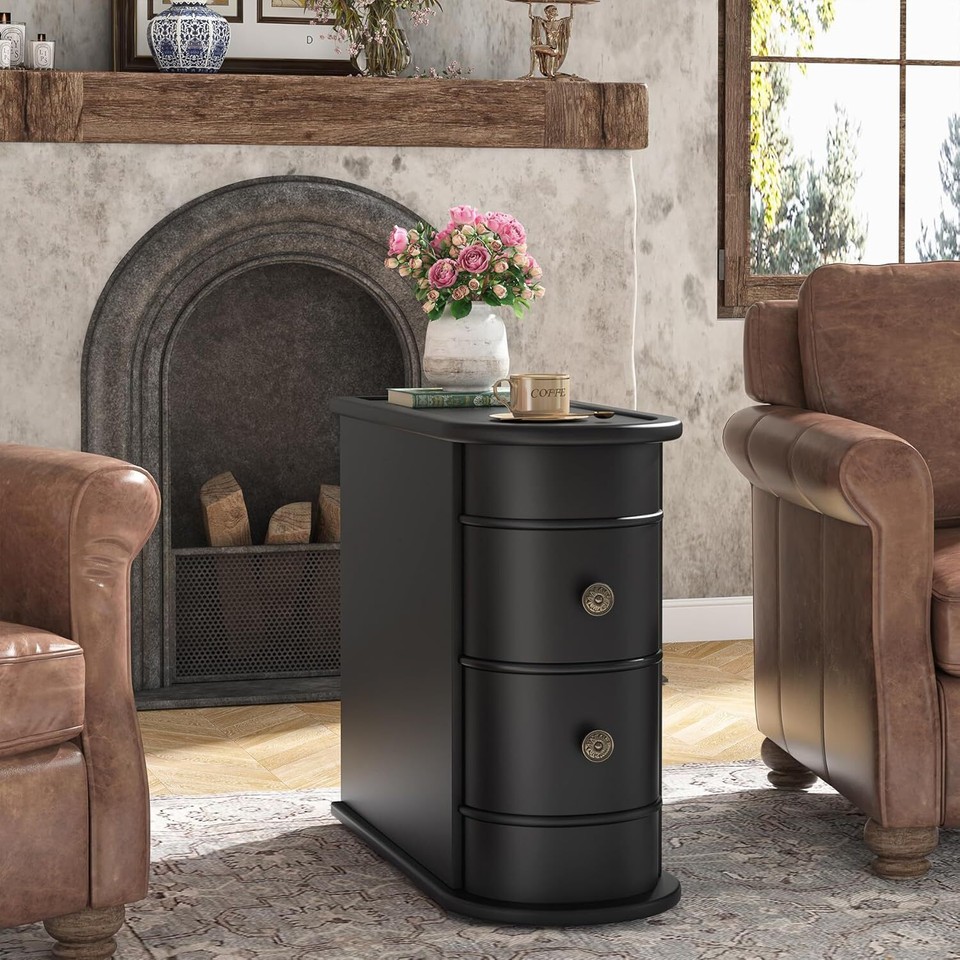 Tribesigns Solid Wood End Table 2-Drawer Narrow Side Table Slim Chair ...