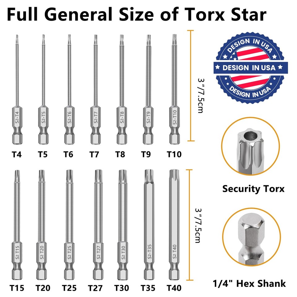 14PC Security Torx Bit Set 3" Long Tamper Proof Star Screwdriver Bit ...