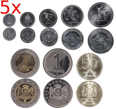 5x Georgia Full Coin Set 1+2+5+10+20+50 Tetri, 1+2 Lari UNC / Georgian ...